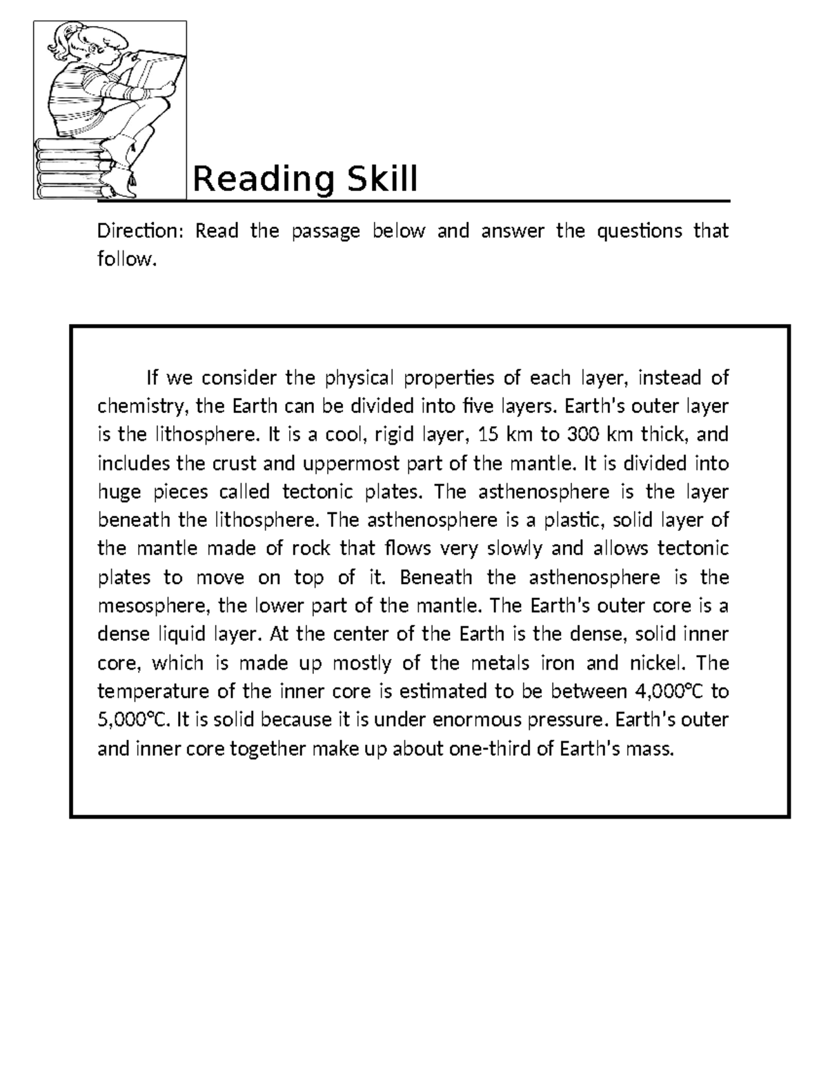 Reading Skill - Reading Skill Direction: Read the passage below and ...