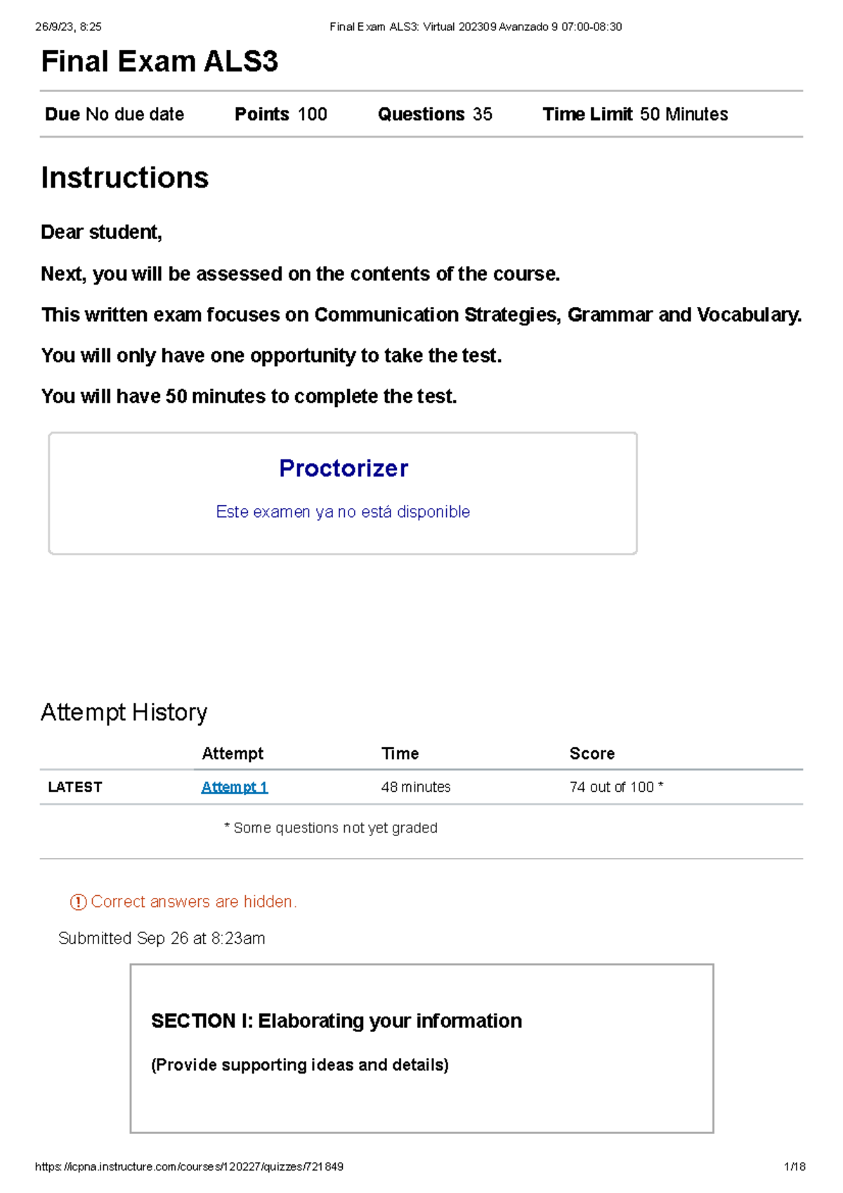 Final Exam ALS3 Virtual 202309 Avanzado 9 07 00-08 30 - * Some questions not yet graded Final ...