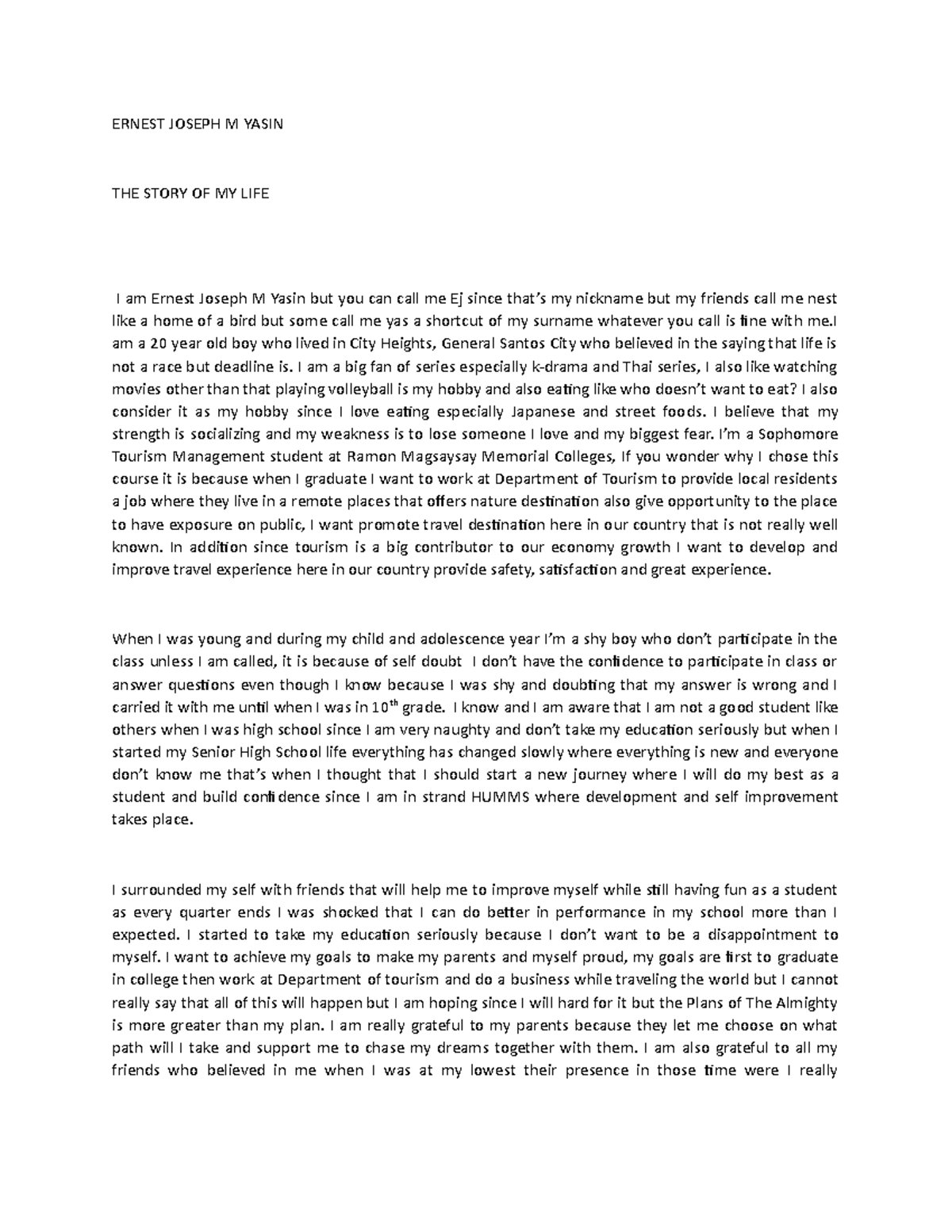 UTS- Yasin- Assignment - ERNEST JOSEPH M YASIN THE STORY OF MY LIFE I ...