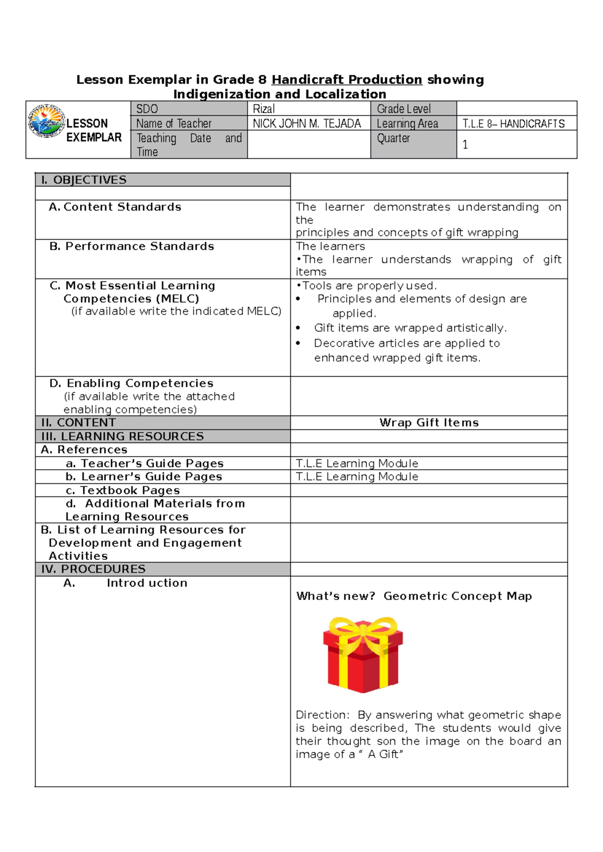 Indigization & Localization - Lesson Exemplar in Grade 8 Handicraft ...