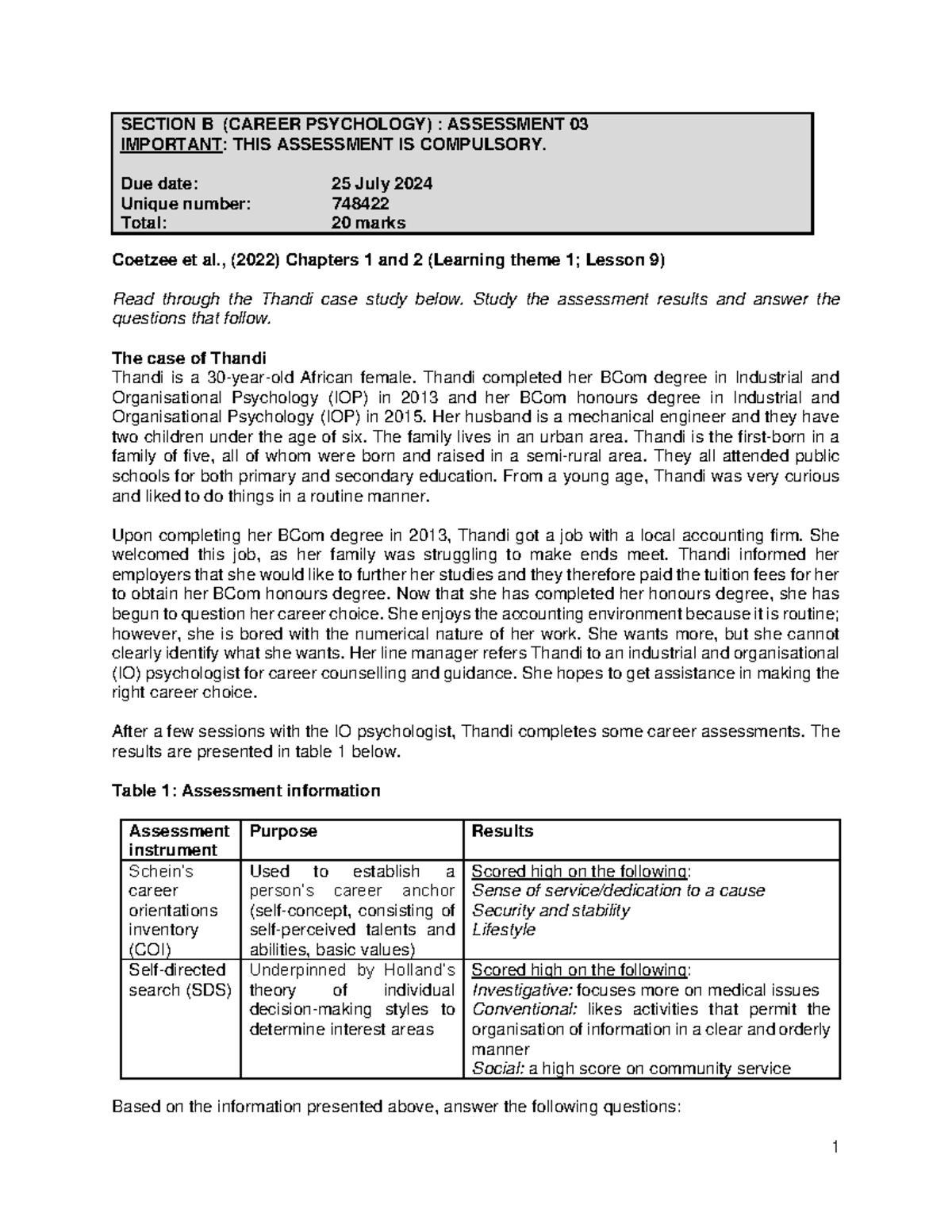 Assessment 03 questions - 1 SECTION B (CAREER PSYCHOLOGY) : ASSESSMENT ...