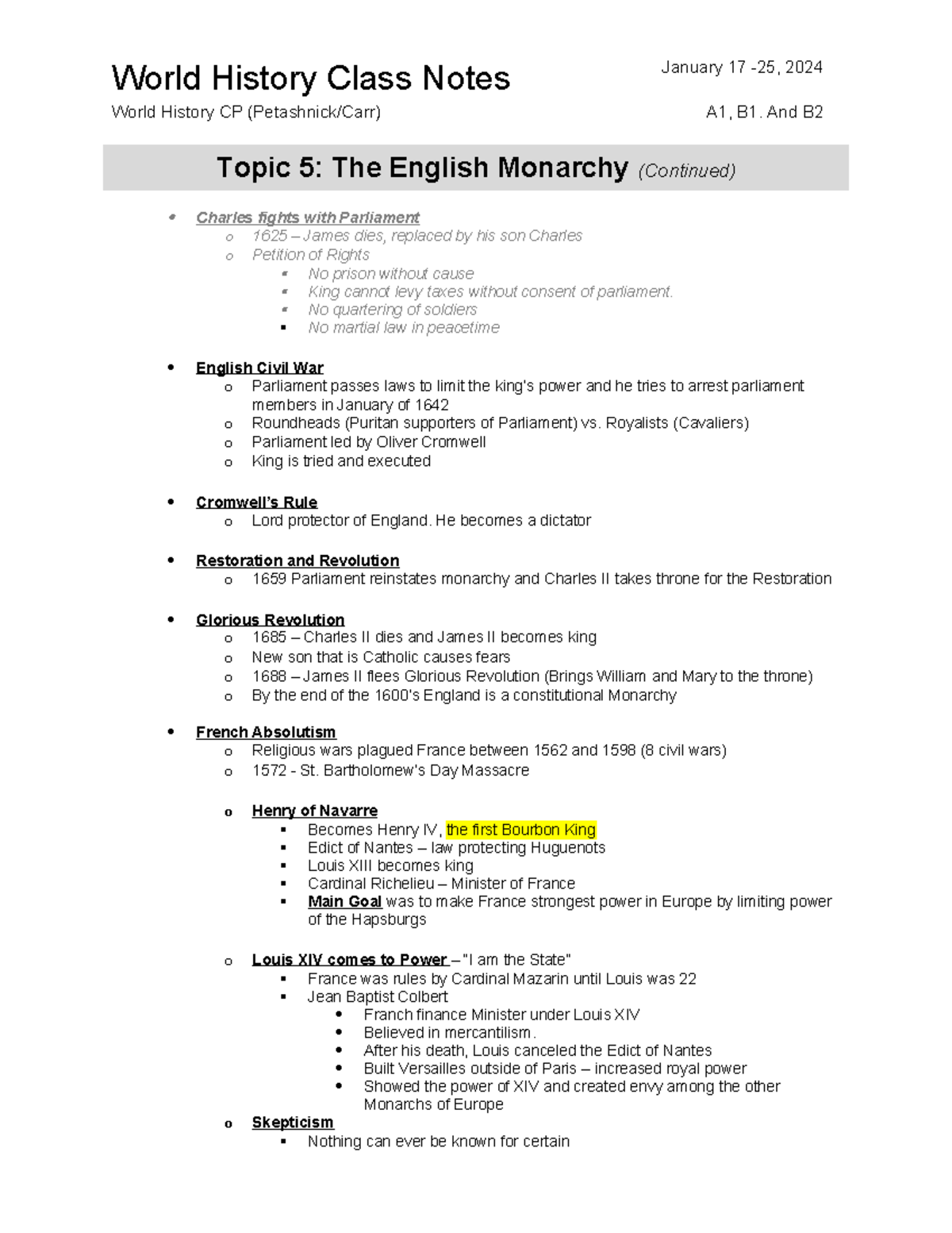 Notes 01172024-01242024 - World History Class Notes January 17 -25 ...