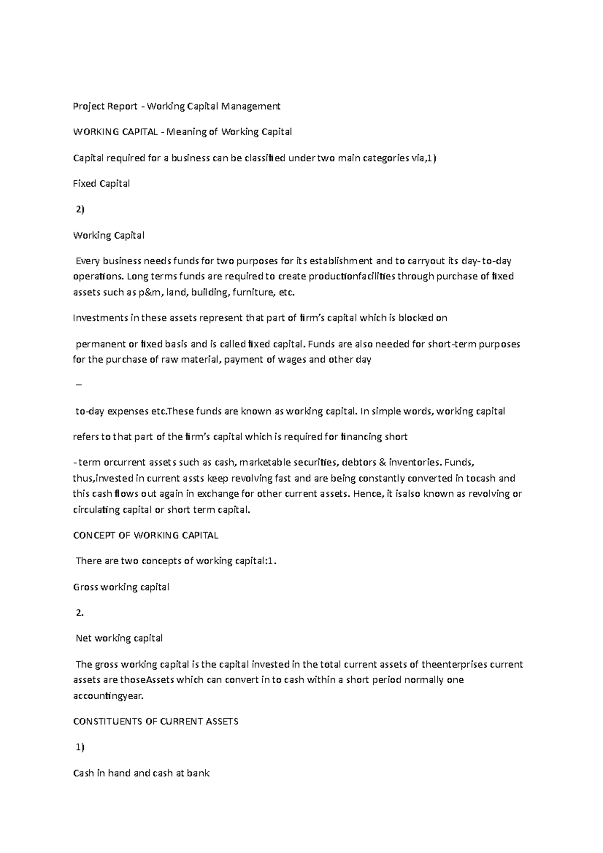Project Report - Working Capital Management - Project Report - Working ...