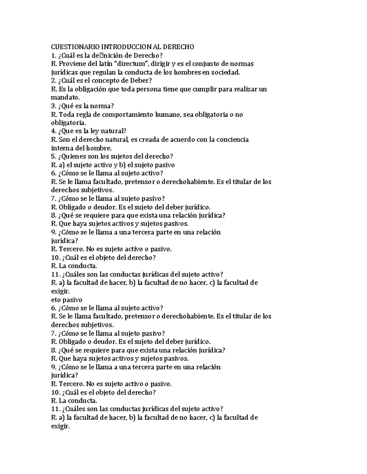 Cuestionario Introduccion AL Derecho - CUESTIONARIO INTRODUCCION AL ...