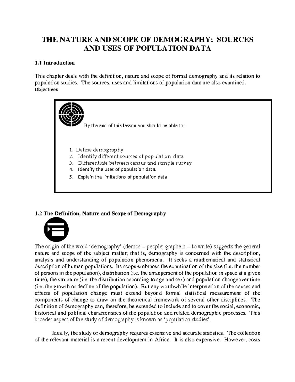 Lecture ONE Notes - THE NATURE AND SCOPE OF DEMOGRAPHY: SOURCES AND ...