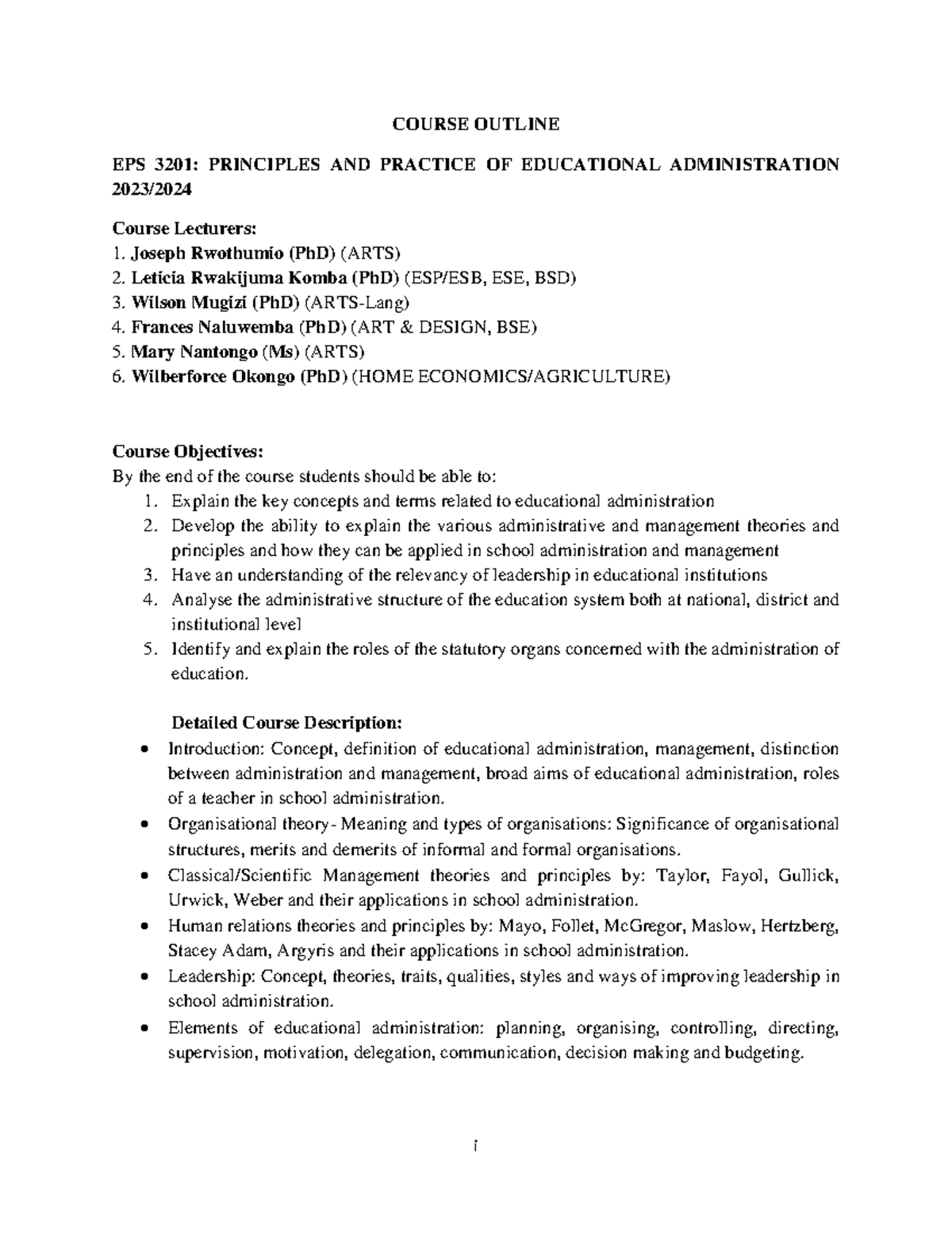 Education Administration-23 - i COURSE OUTLINE EPS 3201: PRINCIPLES AND ...