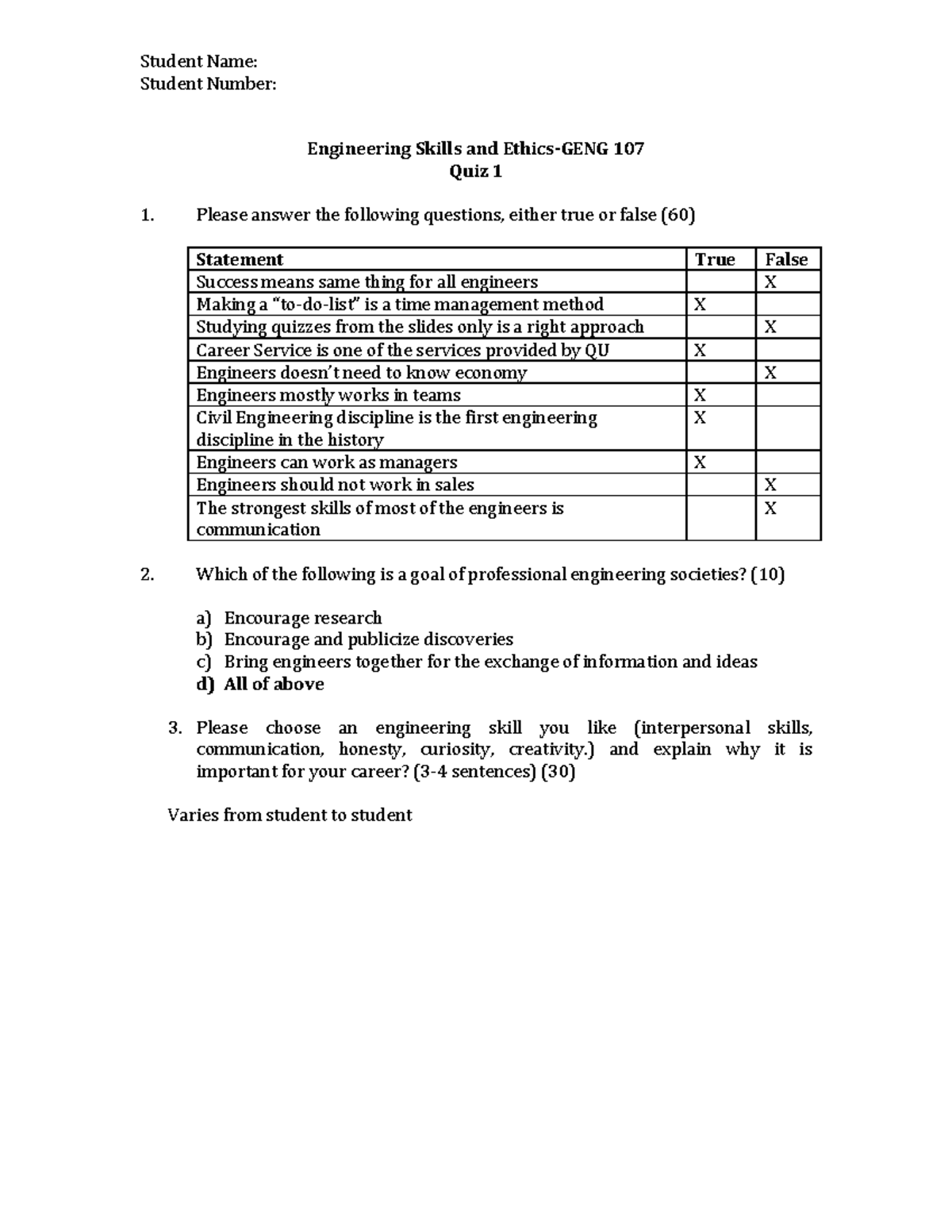 Quiz 1 key - Quiz 1 key - Student Name: Student Number: **Engineering ...