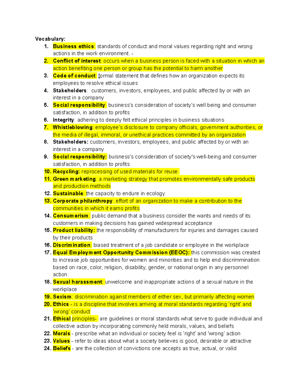 UNIT 2 Notes Business - Vocabulary: 1. Business ethics: standards of ...