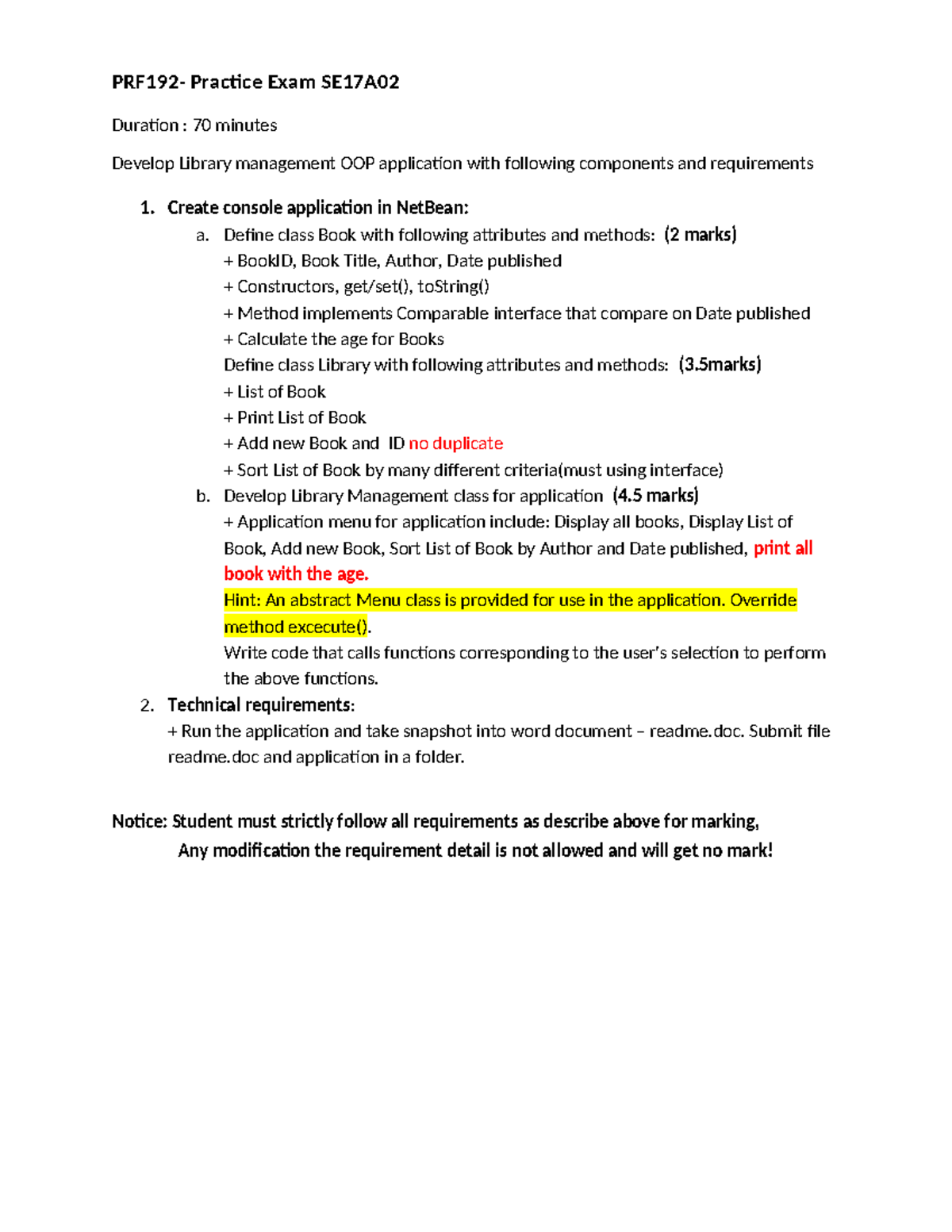 Pro192 Lab5 - PRF192- Practice Exam SE17A Duration : 70 minutes Develop ...