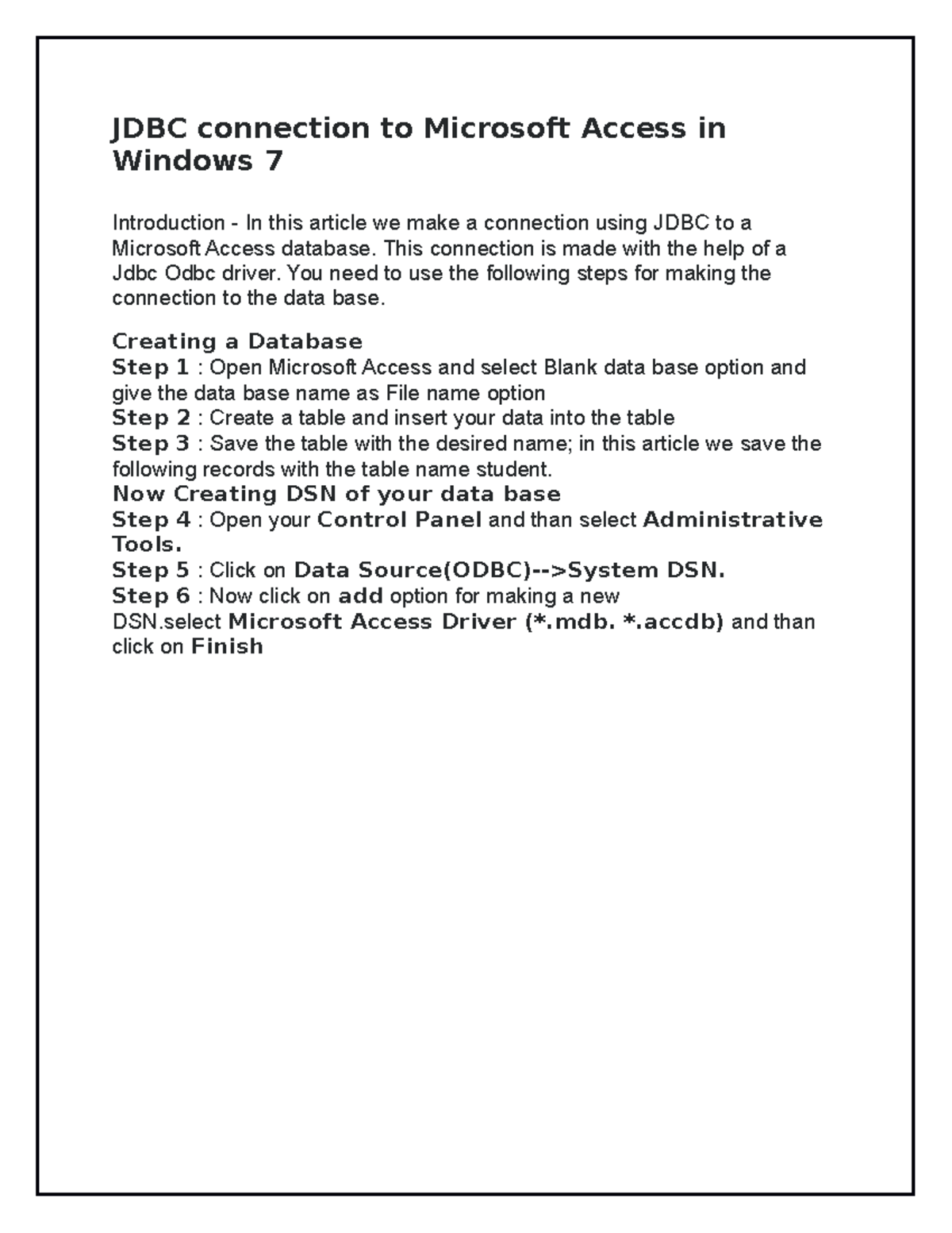 JDBC connection to Microsoft Access in Windows 7 - JDBC connection to ...