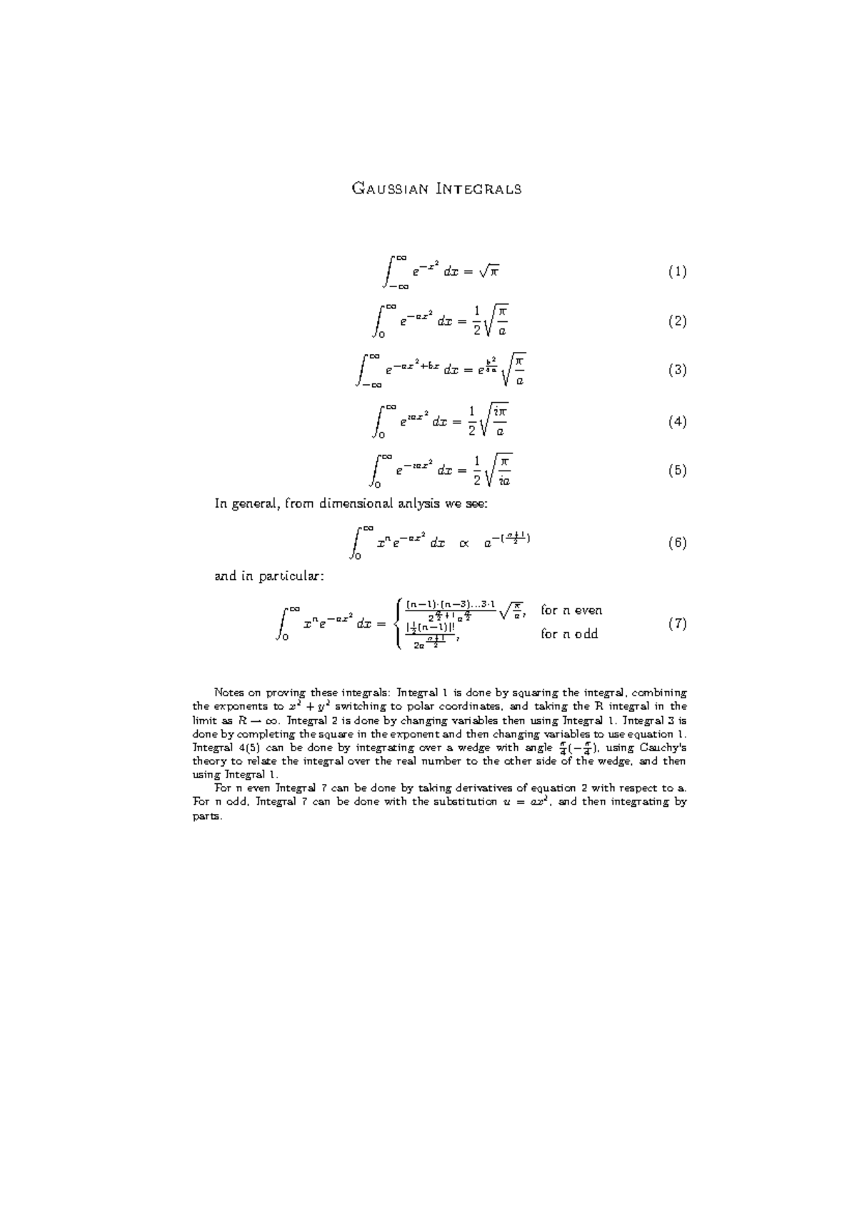 Gaussian integral - textbook - Gaussian Integrals ∫∞ −∞ e−x 2 dx= √ π ...