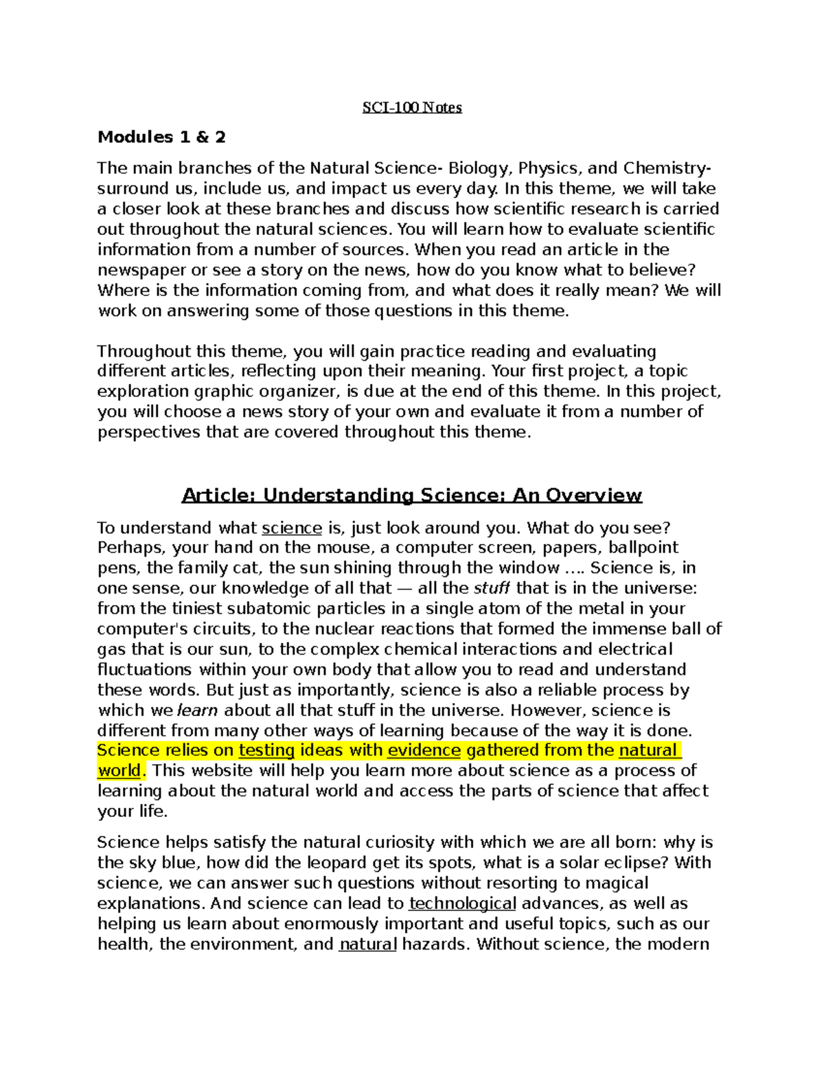 SCI-100 Notes - SCI-100 Notes Modules 1 & 2 The main branches of the ...