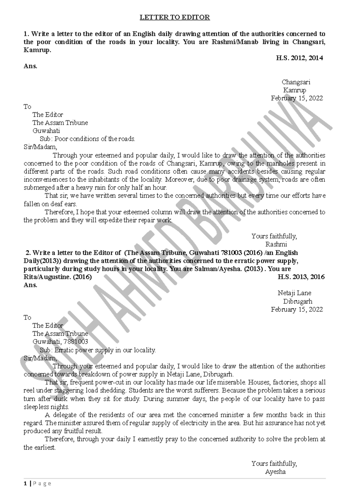 Letter to Editor - JDFH - LETTER TO EDITOR Write a letter to the editor of an English daily ...