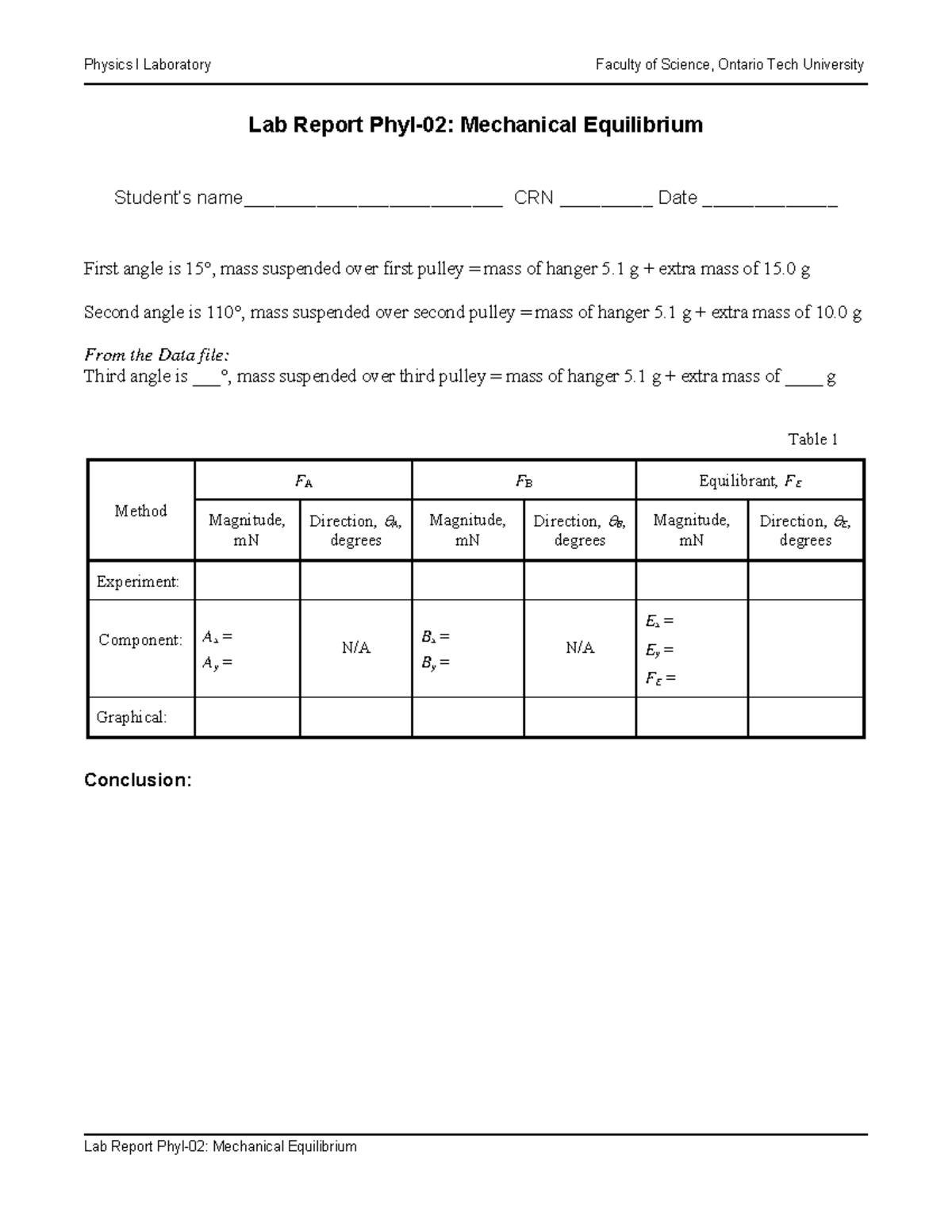 Equilibrium Report lab - Physics I Laboratory Faculty of Science ...