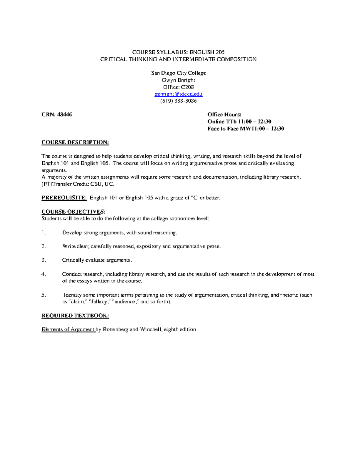 English 205 Syllabus. Online - COURSE SYLLABUS: ENGLISH 205 CRITICAL ...