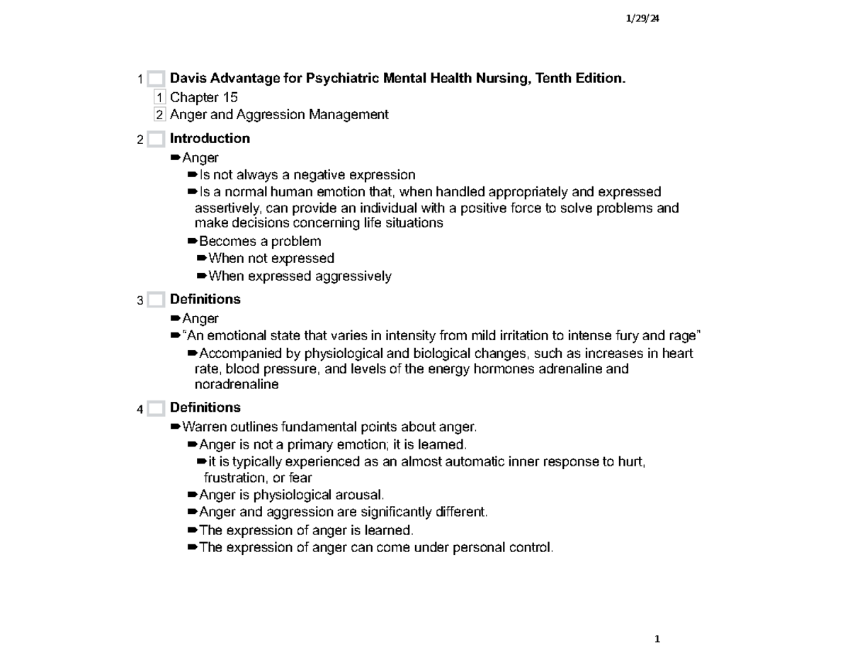 Unit 1 Ab -Anger and Aggression - 1/29/ Davis Advantage for Psychiatric ...