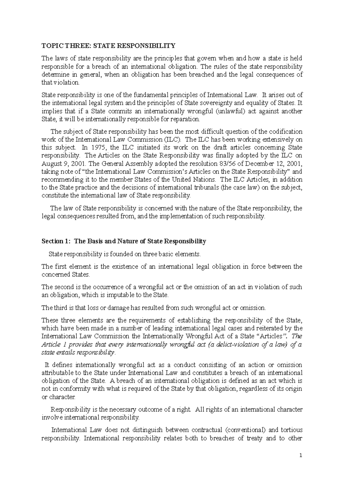 Topic 4 State Responsibility - TOPIC THREE: STATE RESPONSIBILITY The ...