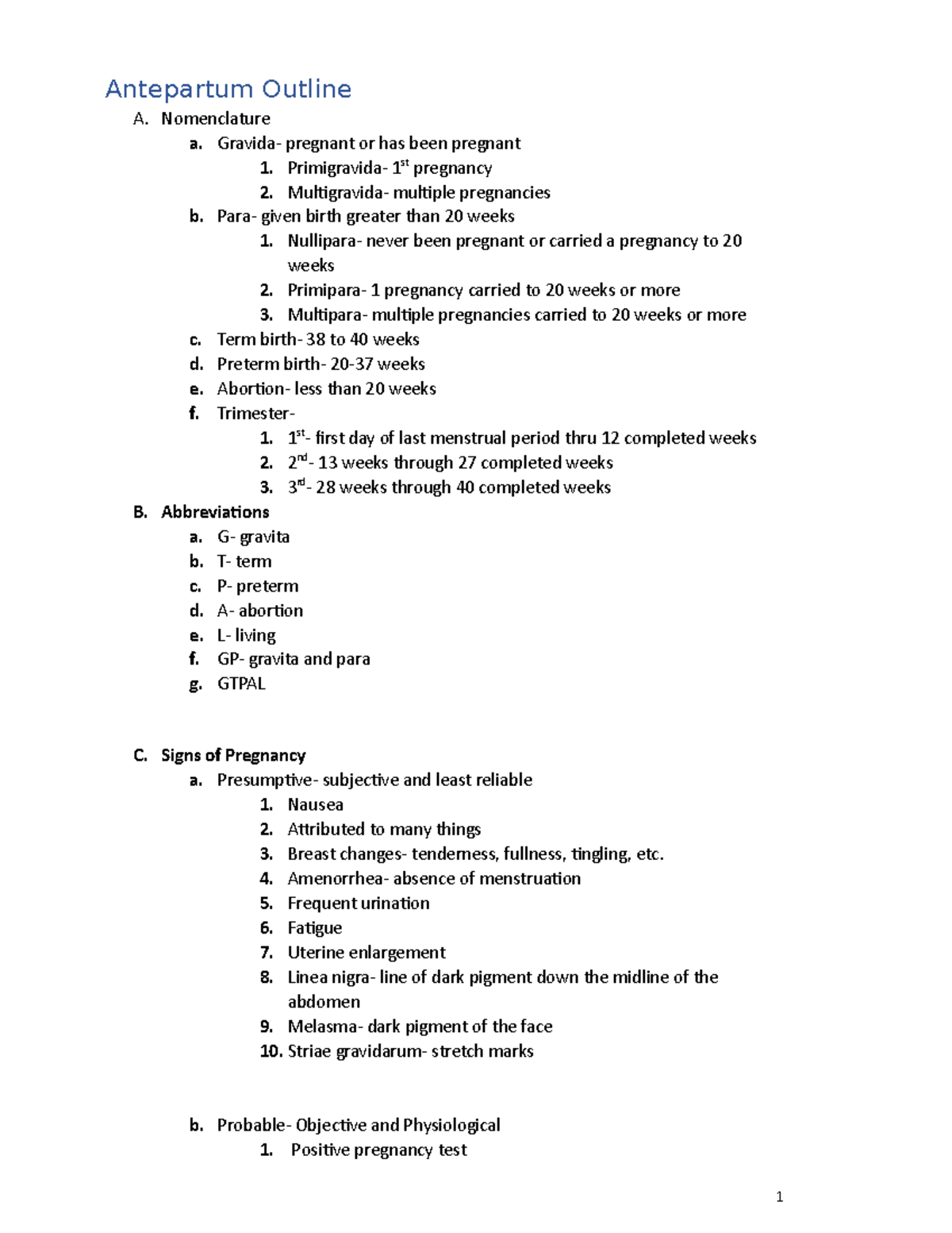 Obstetrics/Gynecology Study Guide - Antepartum Outline A. Nomenclature ...