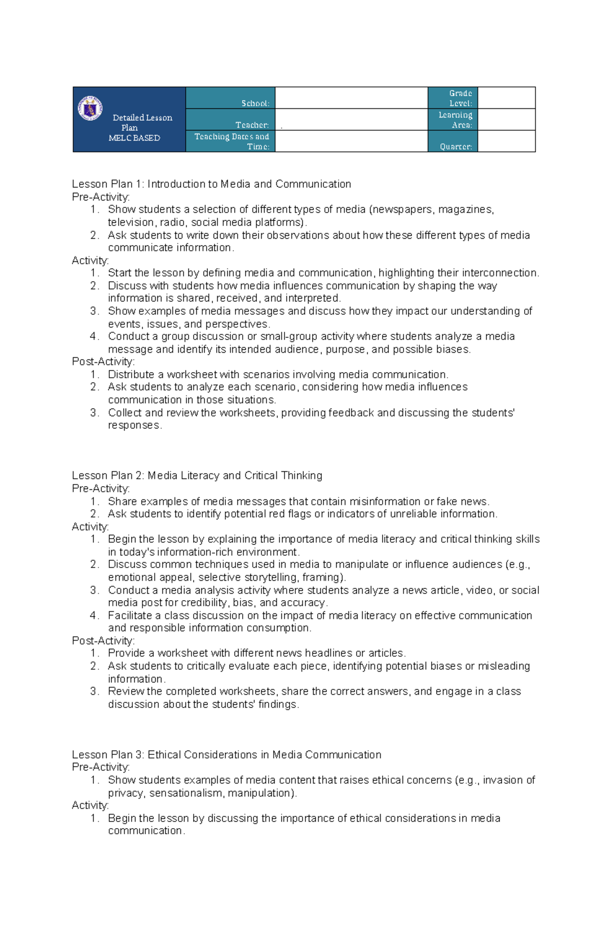 Media and Information Literacy q1 DLP - Detailed Lesson Plan MELC BASED ...