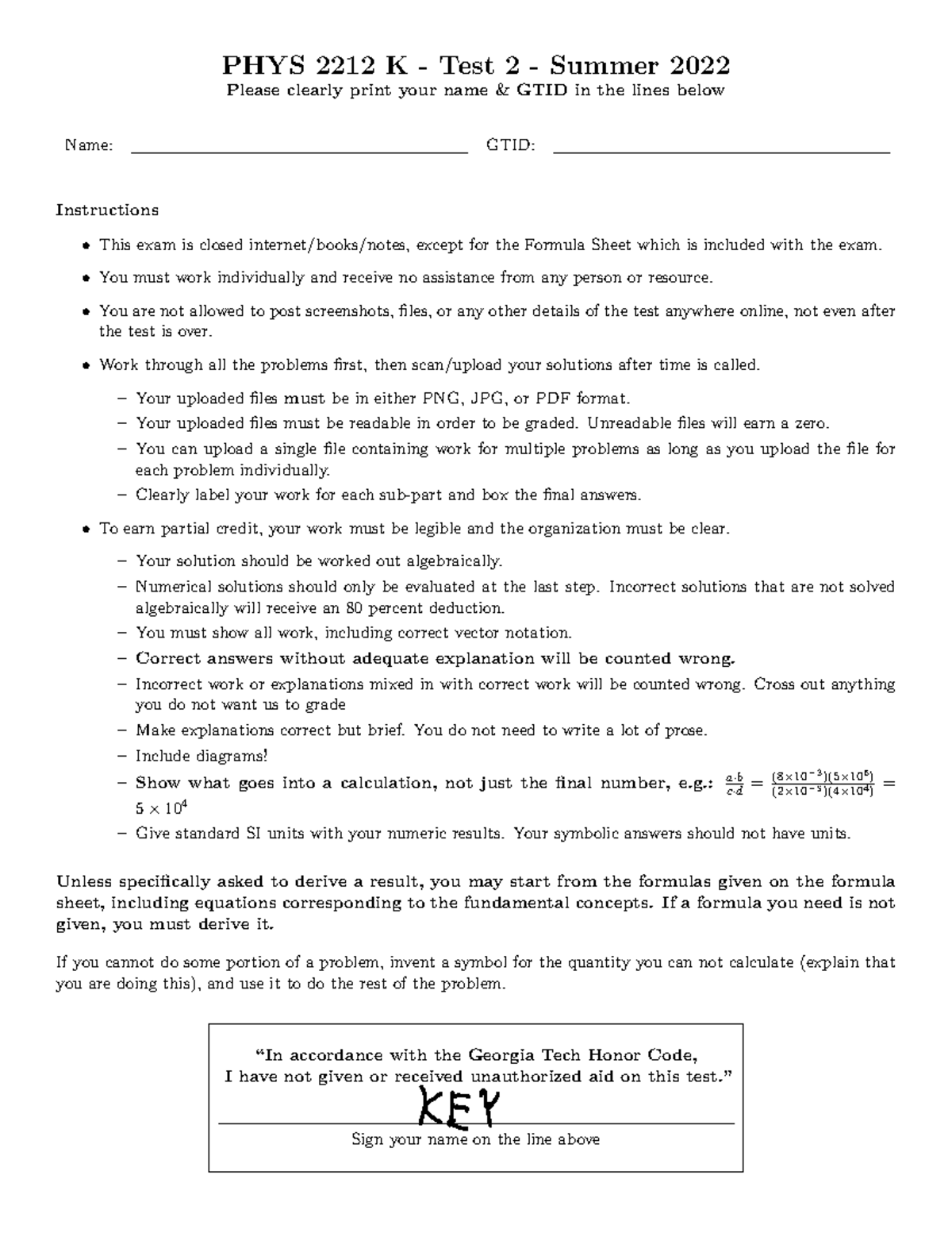 2212 SM22 Test2 KEY - Old Exam for Practice - PHYS 2212 K - Test 2 ...