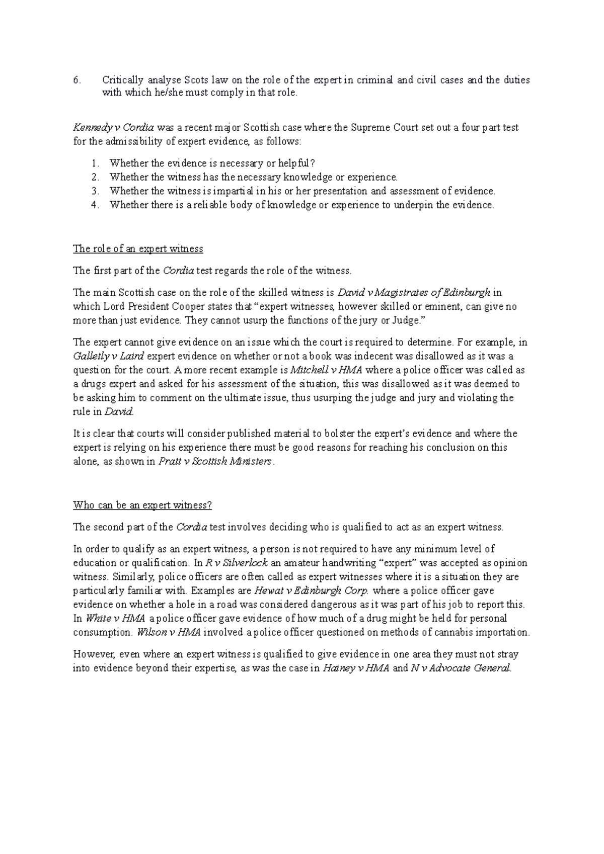Question 6 - Role of the expert witness - Critically analyse Scots law ...