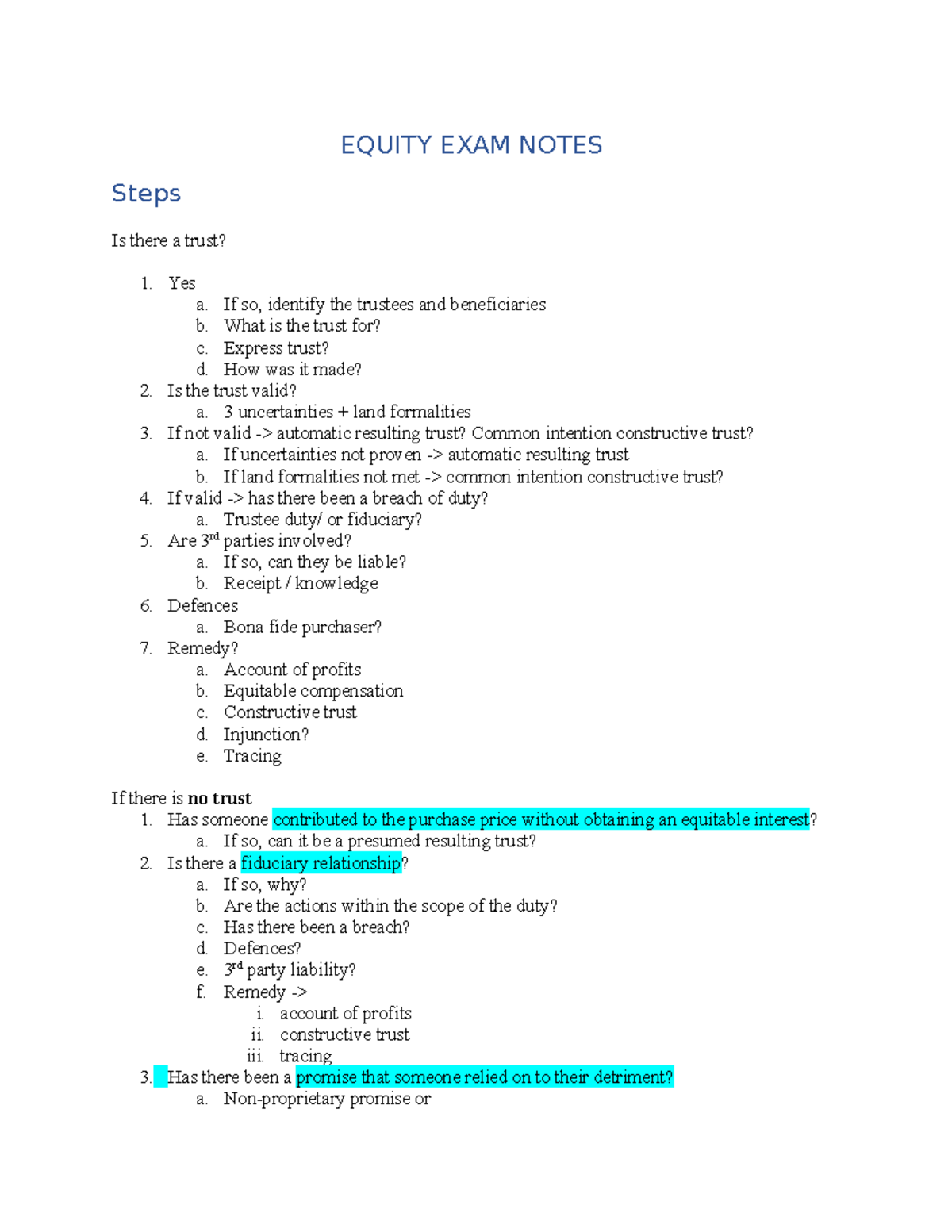 Equity EXAM Notes - EQUITY EXAM NOTES Steps Is there a trust? Yes a. If ...