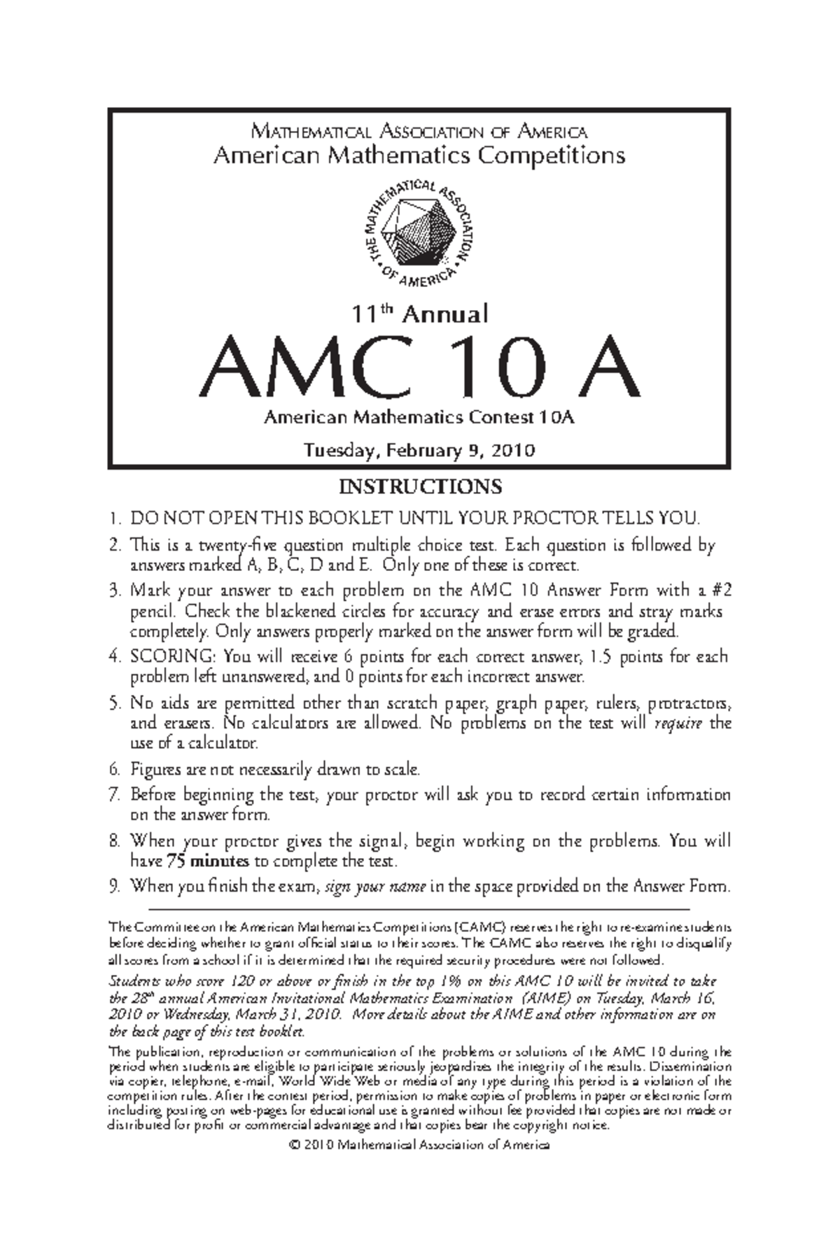 Amc10 2010 a - amc past exam - INSTRUCTIONS DO NOT OPEN THIS BOOKLET ...