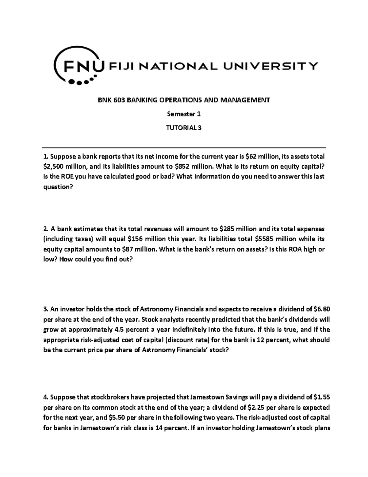 Tutorial 3 Questions - Banking and Finance - Studocu