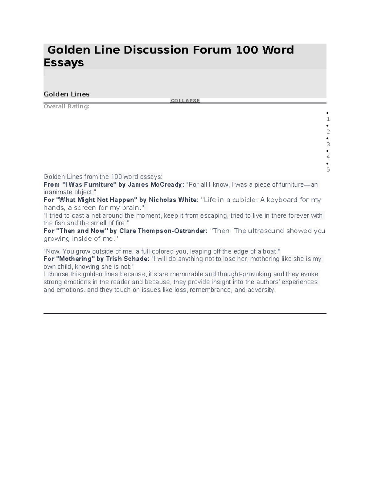 Golden Line Discussion Forum 100 Word Essays - " For "What Might Not ...