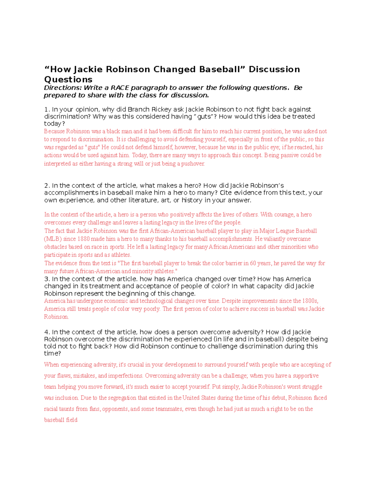 Question - “How Jackie Robinson Changed Baseball” Discussion Questions ...