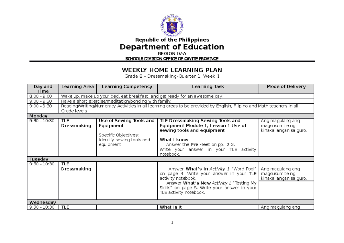 WHLP TLE Dressmaking G8 Q1 W1 - Republic of the Philippines Department ...
