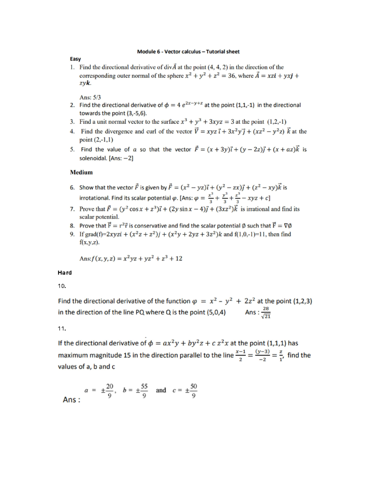Module 6 Tutorial Sheet - Module 6 Vector calculus Tutorial sheet Easy ...