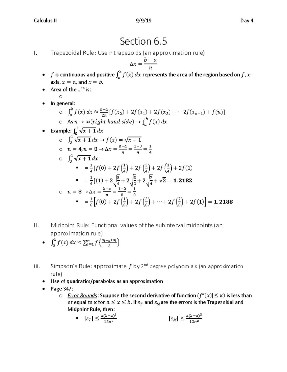 Calculus II Section 6 - Calculus II 9/9/19 Day 4 Section 6. I ...
