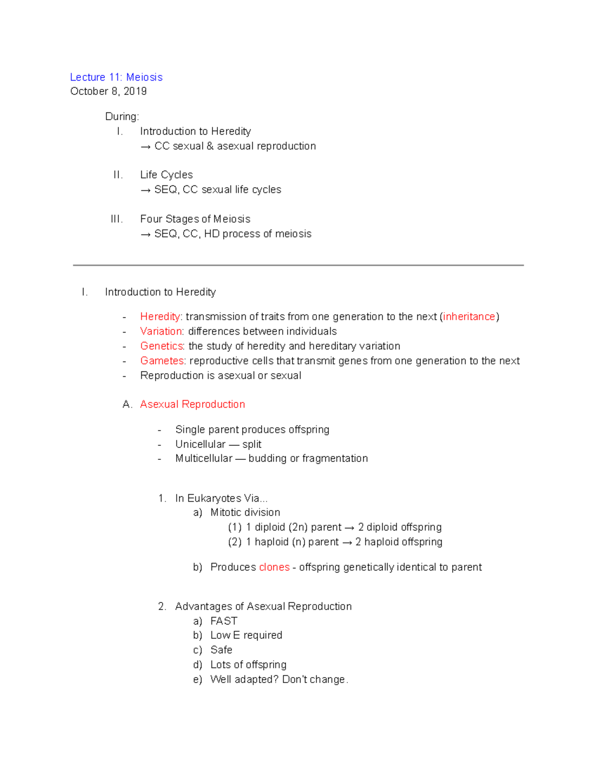 Meiosis - Lecture notes 11 - Lecture 11: Meiosis October 8, 2019 During ...
