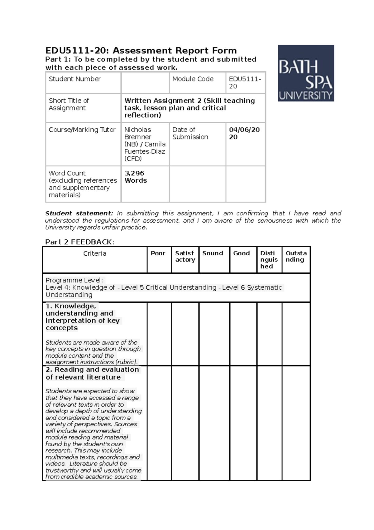 Tesol - A2 - EDU5111-20: Assessment Report Form Part 1: To be completed ...