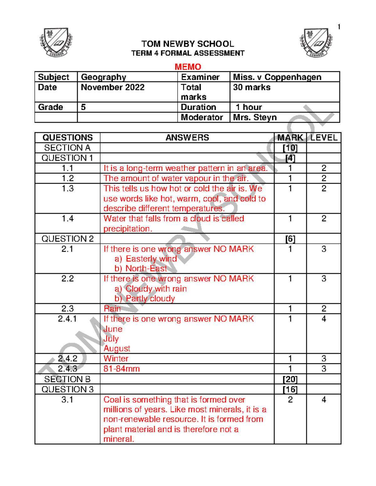 Grade 5 Geography Memo November 2022 - 1 TOM NEWBY SCHOOL TERM 4 FORMAL ...