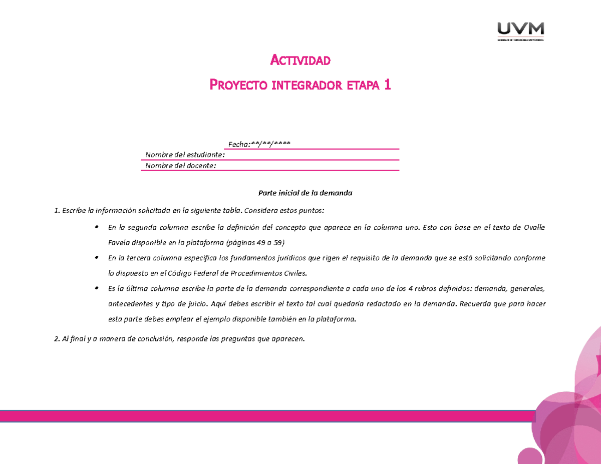 PI Etapa 1. Proyecto integrador etapa 1. OMB_A1 - ACTIVIDAD PROYECTO INTEGRADOR ETAPA 1 Fecha ...