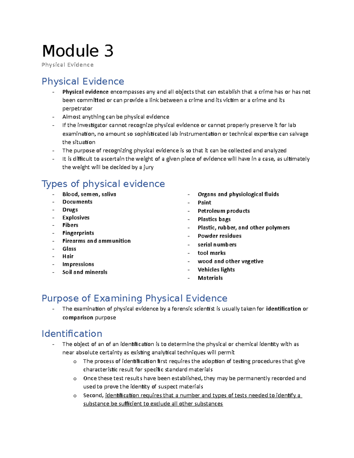 Module 3 - Physical Evidence - Module 3 Physical Evidence Physical Evidence Physical evidence ...