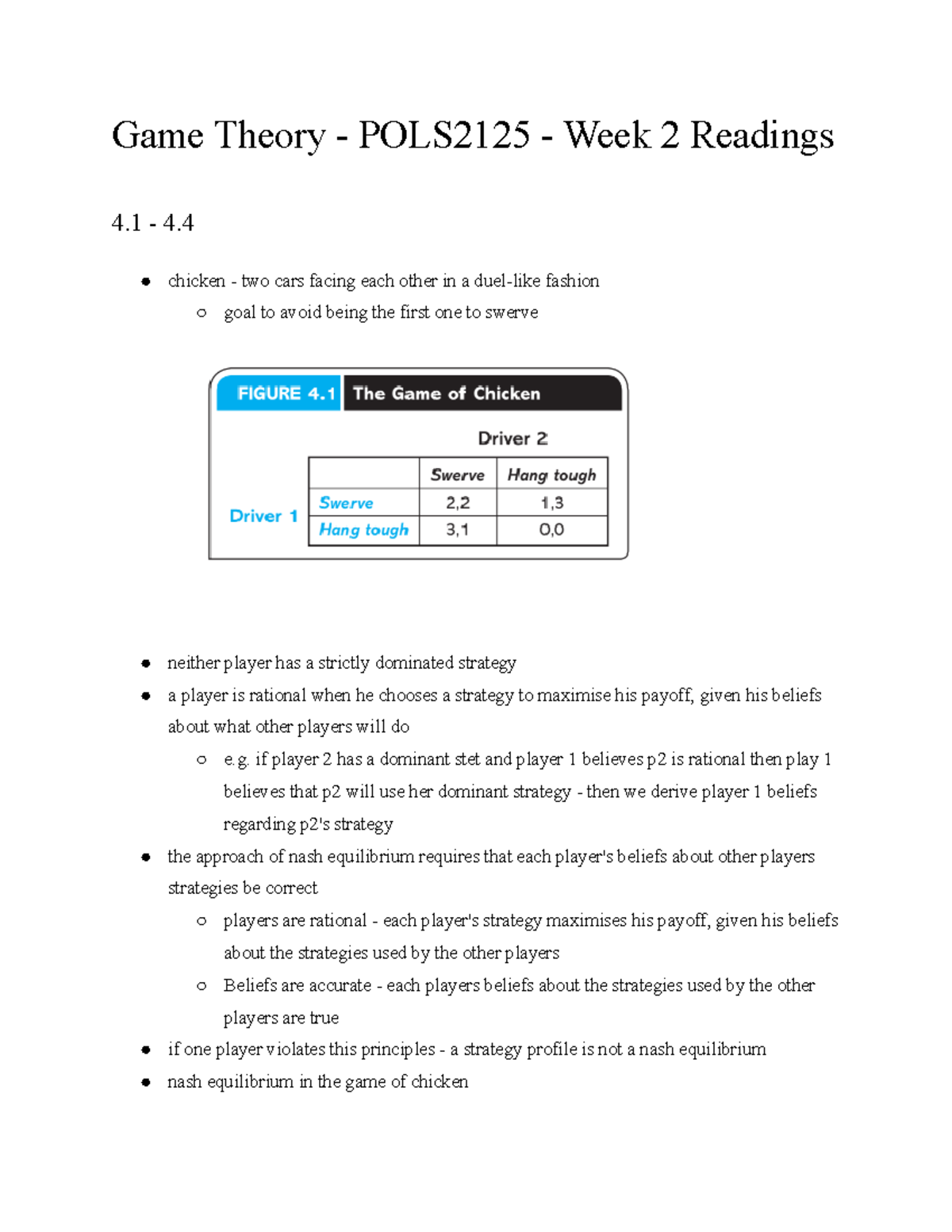 Game Theory - Week 2 Readings - Game Theory - POLS2125 - Week 2 Readings 4 - 4. chicken - two ...