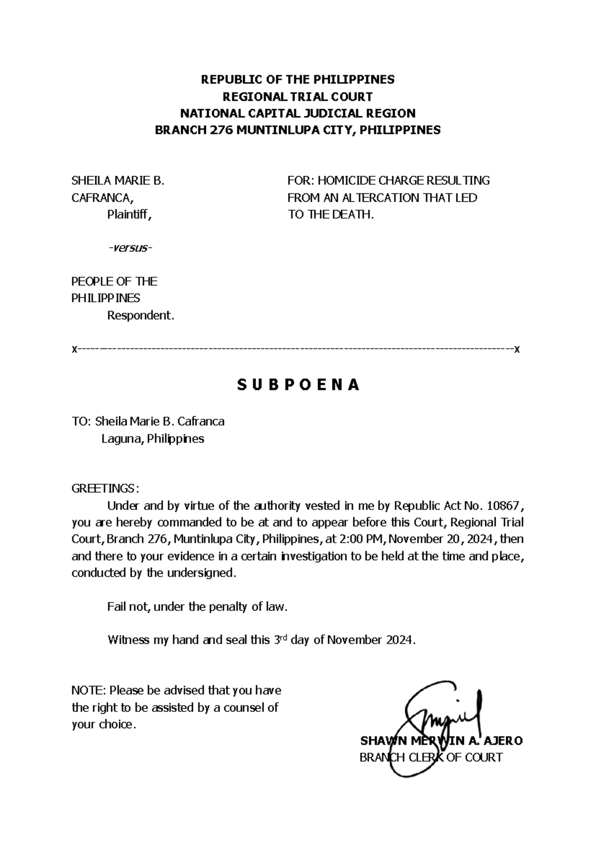 LAB4 (Subpoena) - REPUBLIC OF THE PHILIPPINES REGIONAL TRIAL COURT NATIONAL CAPITAL JUDICIAL ...