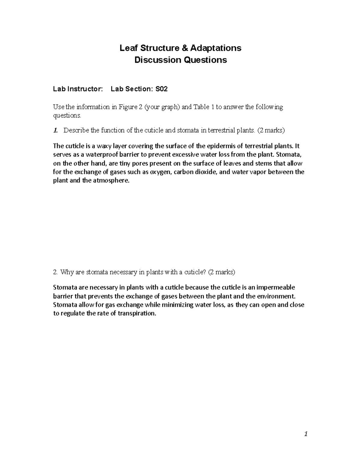 Leaf Structure Adaptations Discussion Questions Assignment - Leaf ...