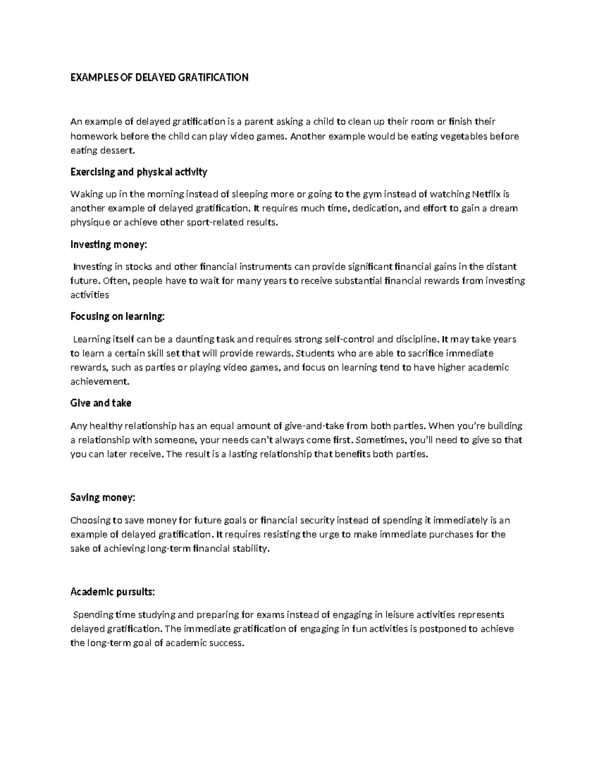 Examples OF Delayed Gratification - EXAMPLES OF DELAYED GRATIFICATION ...