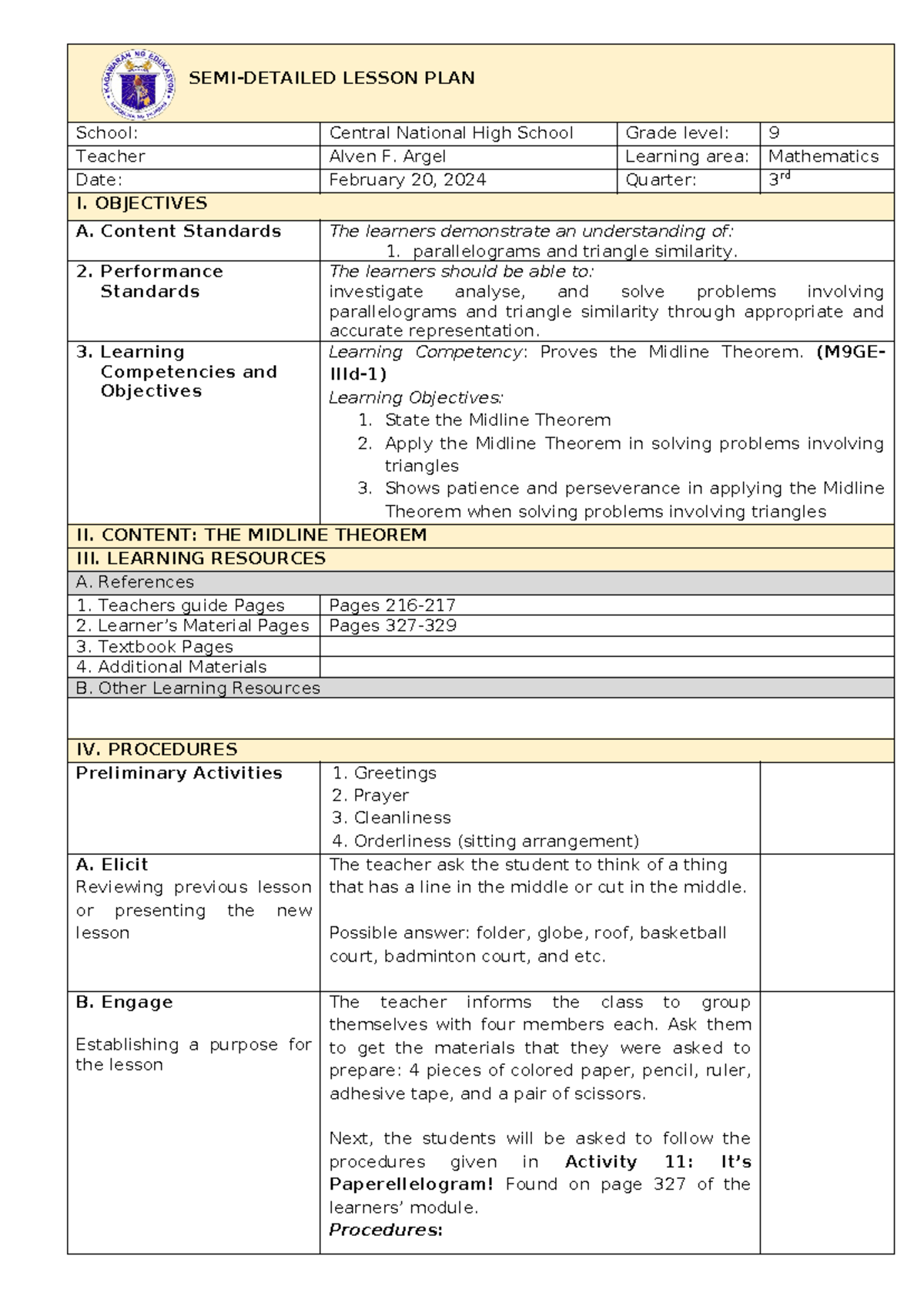 1DLP- Grade 9- Midline Theorem - SEMI-DETAILED LESSON PLAN School ...