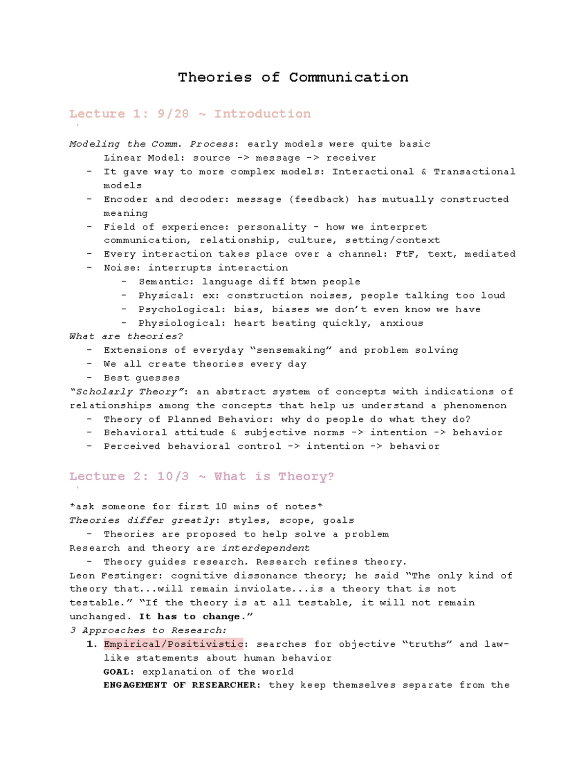 COMM 89 Theories of Communication - All lecture notes - Theories of ...