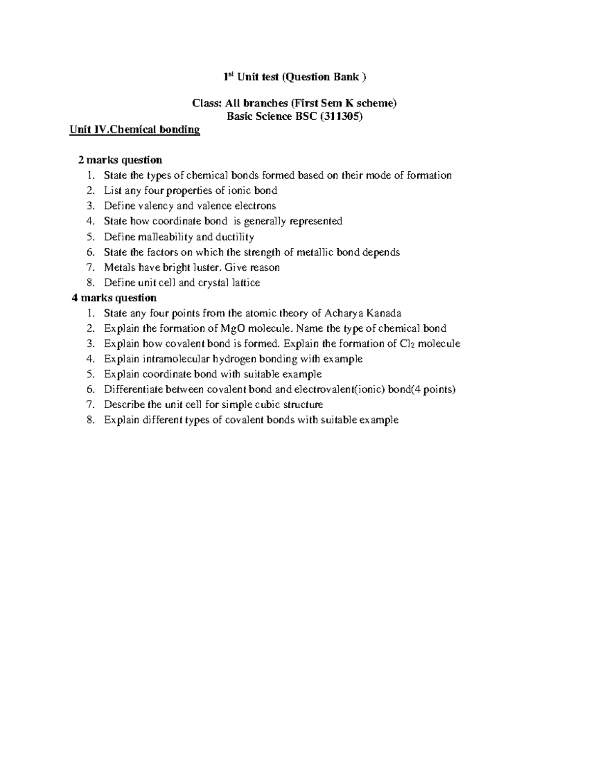 311305 Basic Chemistry Unit Test-1 100924 - 1 st Unit test (Question ...