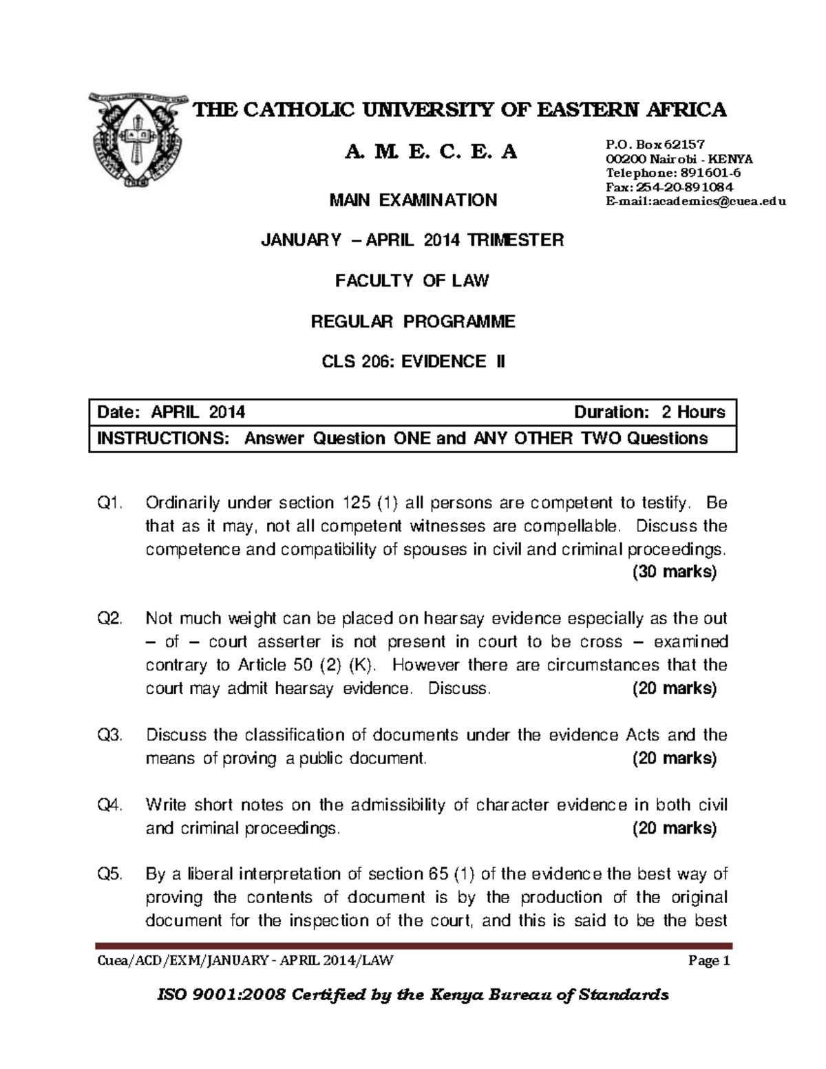 Cls 206 Law Cuea Acd Exm January April 2014 Law Page 1 Iso 9001 2008 Certified By The