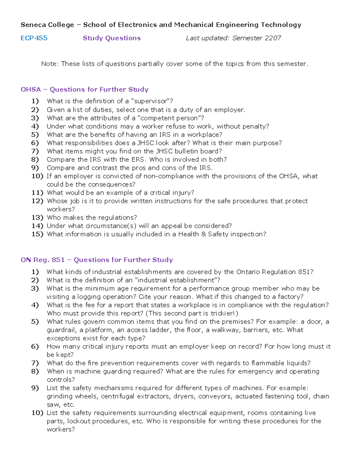 ECP455 Questions for Further Study - Seneca College – School of ...