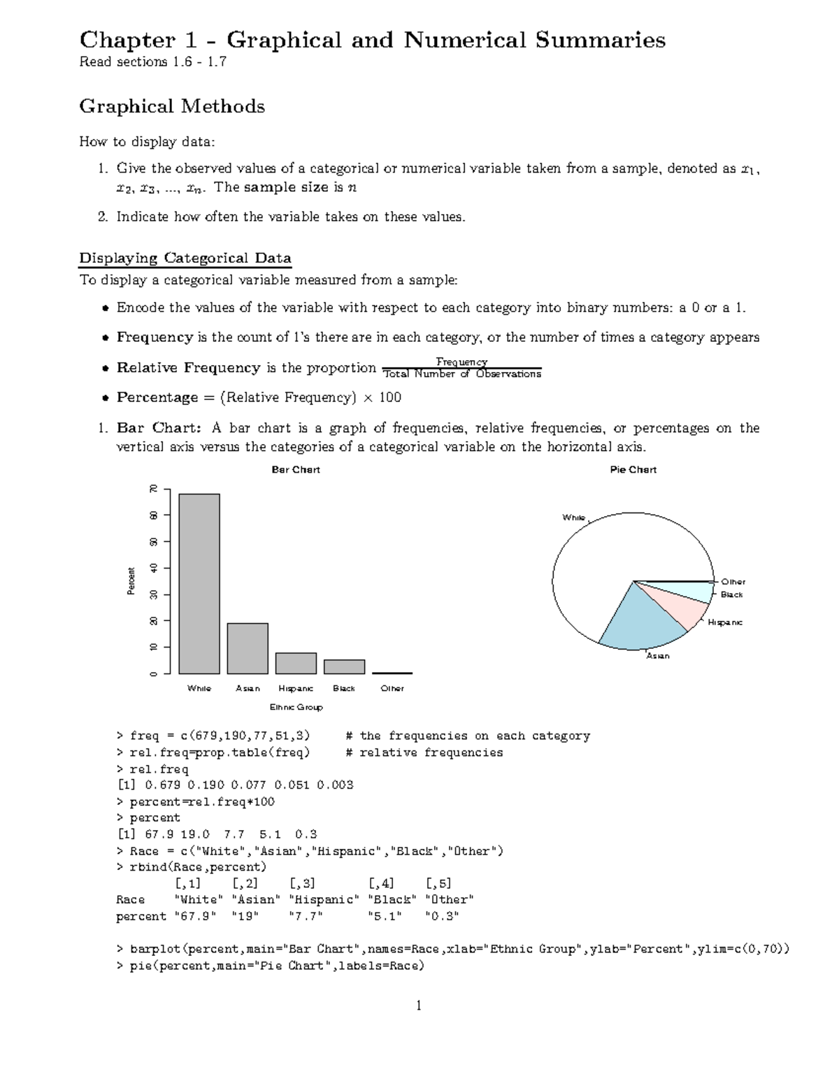 Chapter 1 - Tygvuygby - Chapter 1 - Graphical and Numerical Summaries Read sections 1 - 1 ...