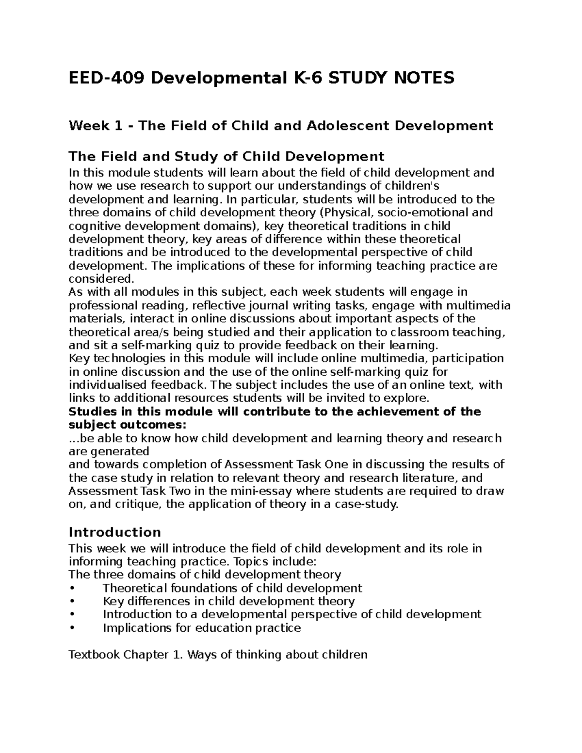 EED409 Content - EED-409 Developmental K-6 STUDY NOTES Week 1 - The ...