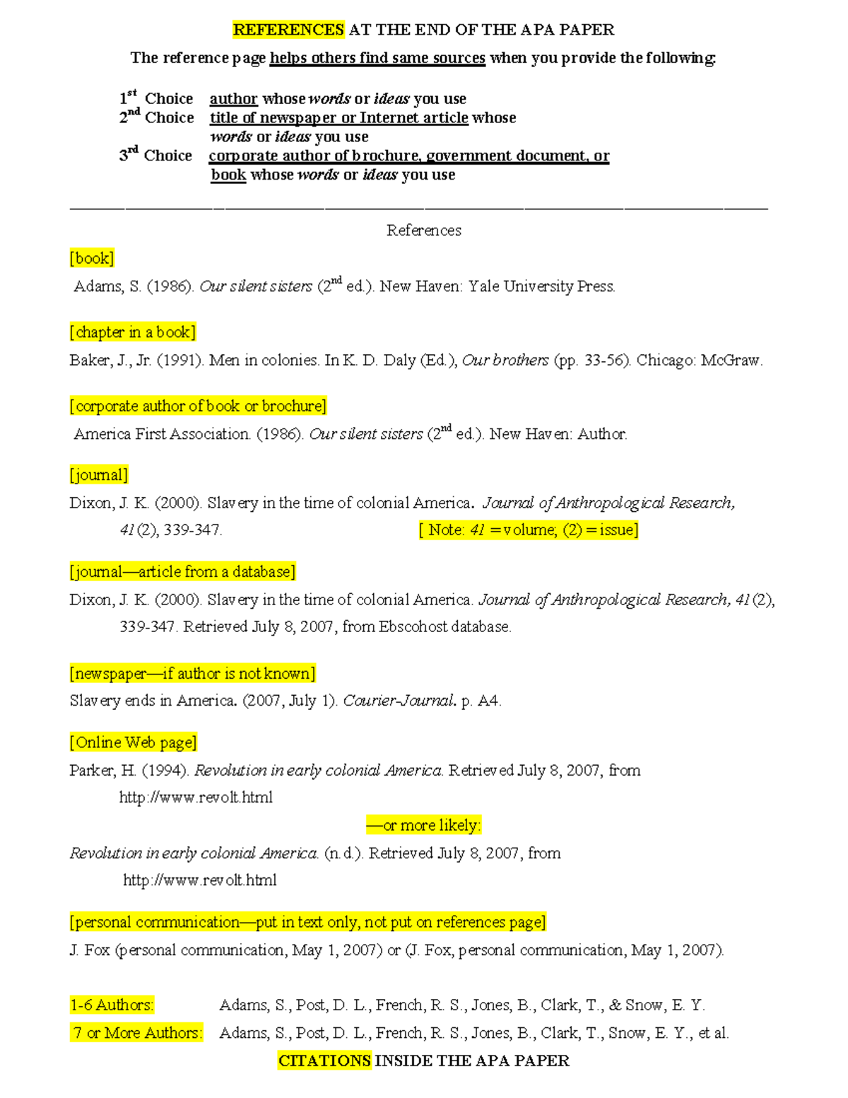Apa sources and in text citation - REFERENCES AT THE END OF THE APA ...
